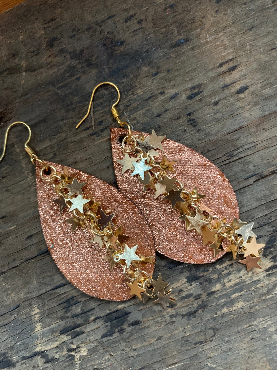 Rust Gold Sparkle Leather Earrings with Gold Star Chain | Unique ...